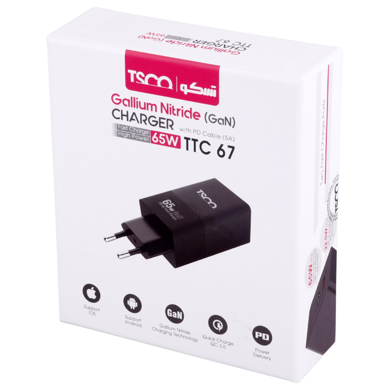 شارژر دیواری فست شارژ TSCO TTC 67 GaN 2Port QC3 PD 5A 65W Type-C + کابل تبدیل تایپ سیفروشگاه ...